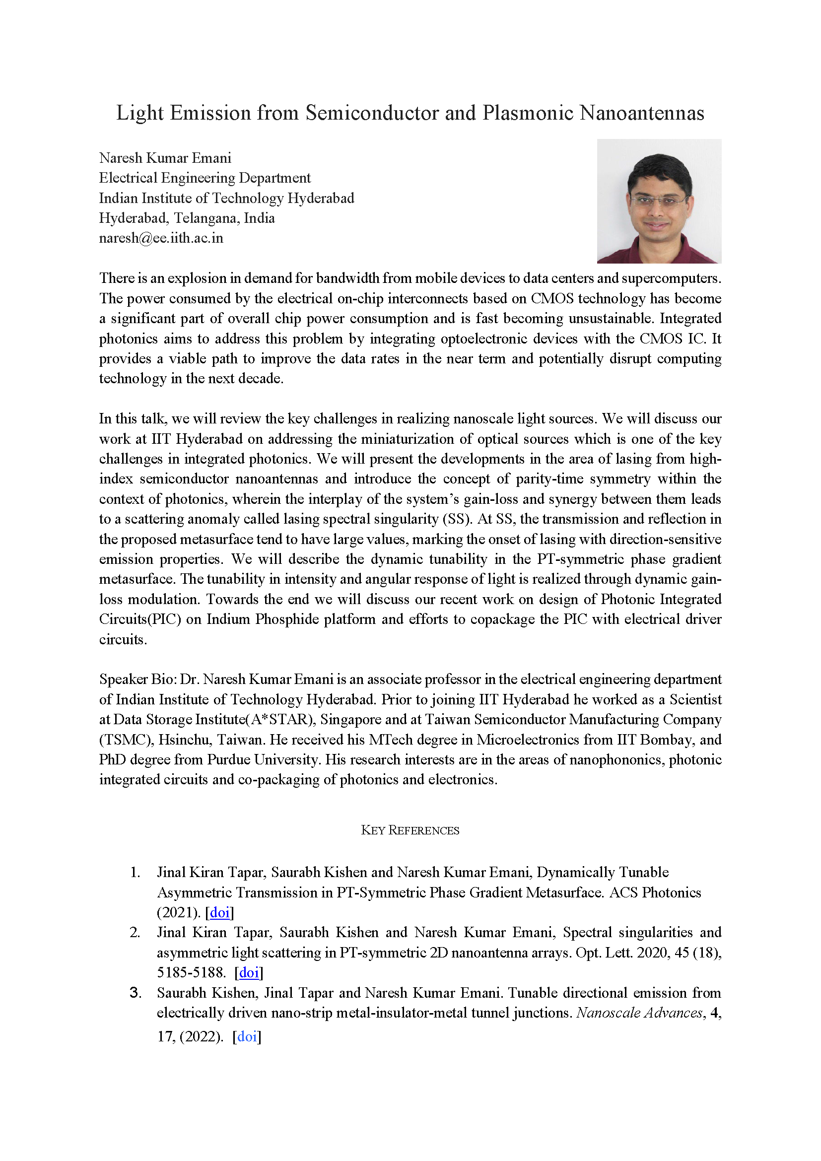 【演講資訊】2024/07/29 (一)13:30 @台達館R304 / Speaker: Professor Naresh Kumar Emani from IIT